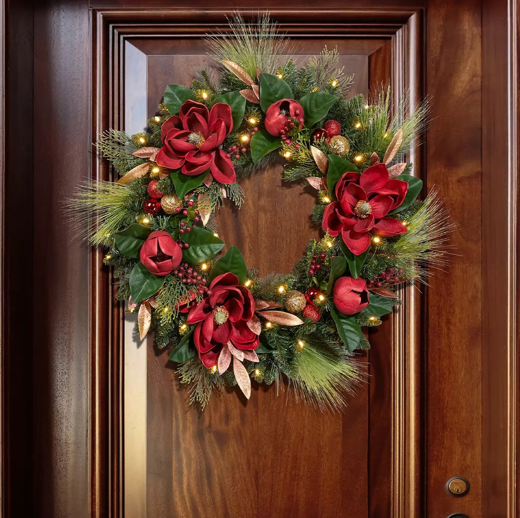30-inch Artificial Holiday Pre-Lit LED Magnolia Wreath | My Quick Buy