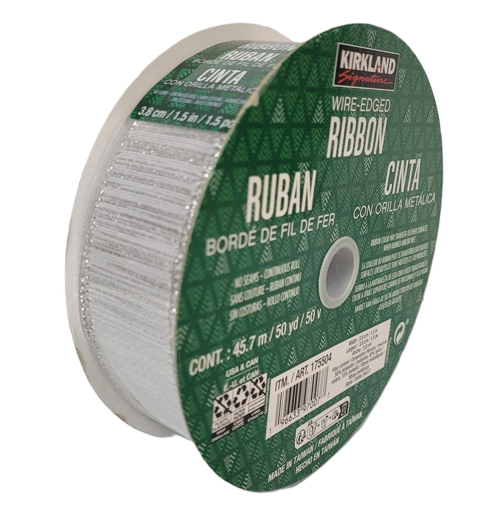 Kirkland Signature Wire Edged Silver Striped Sheer Ribbon 50 yards X 1 ...
