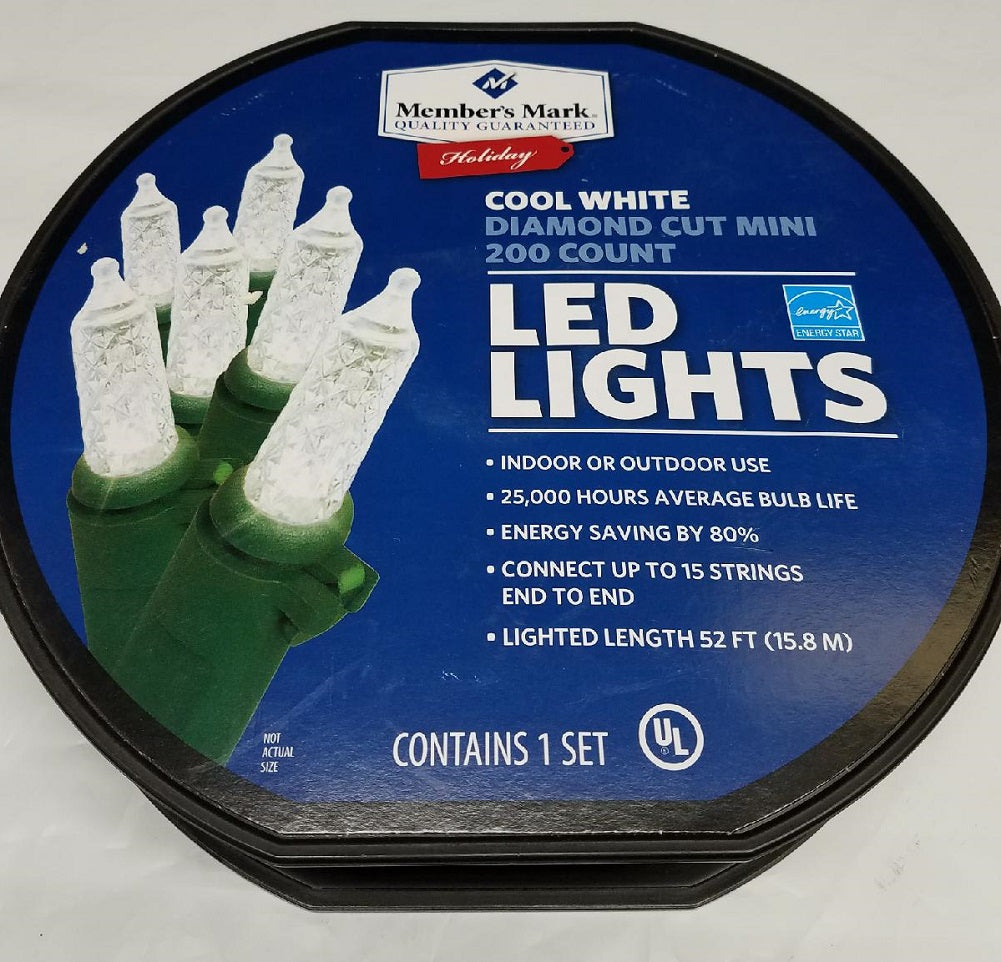 Member's Mark LED Diamond Cut Mini, Cool White Christmas Lights, 200 c ...