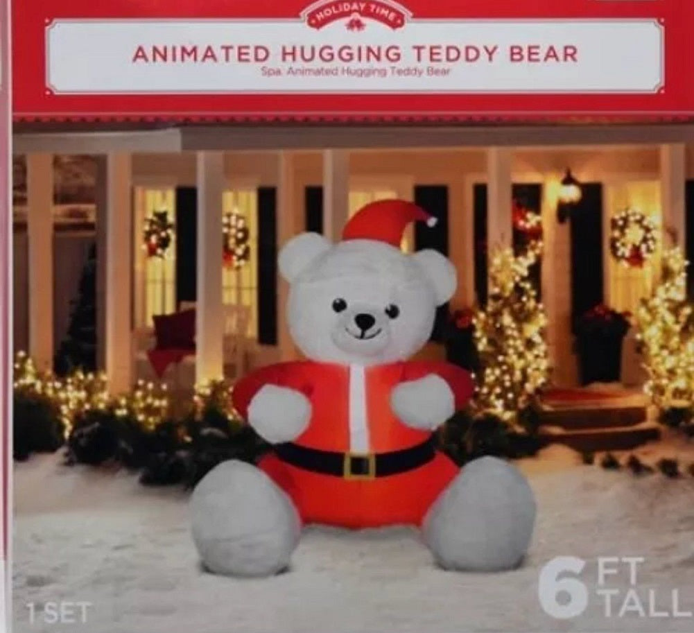 Holiday Time Christmas Inflatable Animated Hugging Teddy Bear in Santa ...